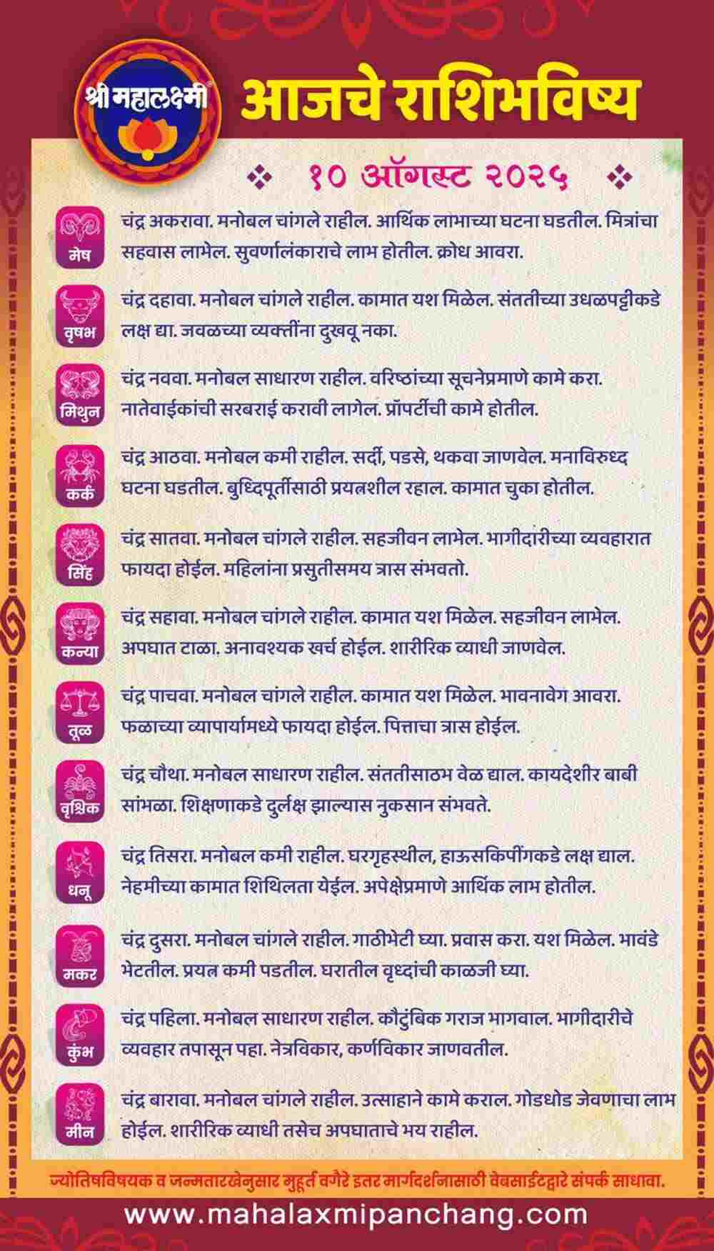 Mahalaxmi Calendar August 2025 (महालक्ष्मी ऑगस्ट २०२५)